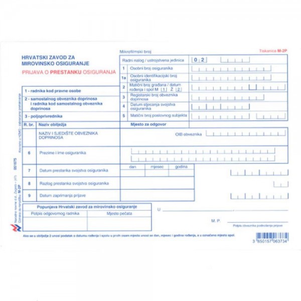 Obrazac M-2P prijava o prestanku osiguranja | ReprOS - Repromaterijal ...